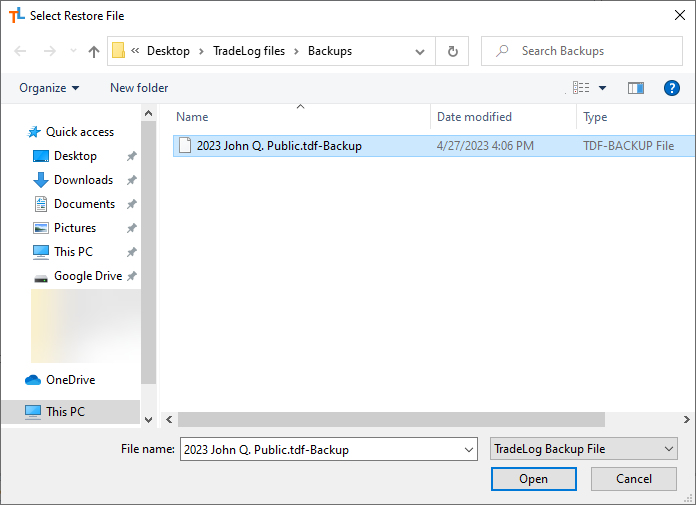 Restore a Backup Data File – TradeLog Software
